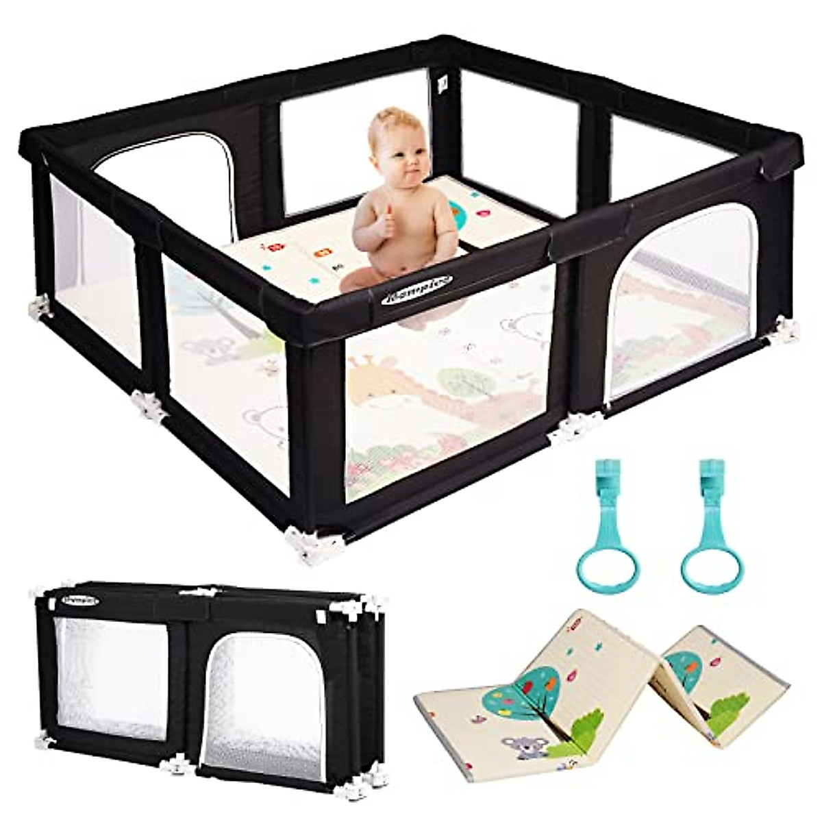 ROMPICO Foldable Baby Playpen with Mat, Foldable Large Baby Playpen for Toddler, Indoor & Outdoor Playard for Kids Activity Center, Sturdy Play Yard with Soft Breathable Mesh (Foldable 71”x71”, Black)