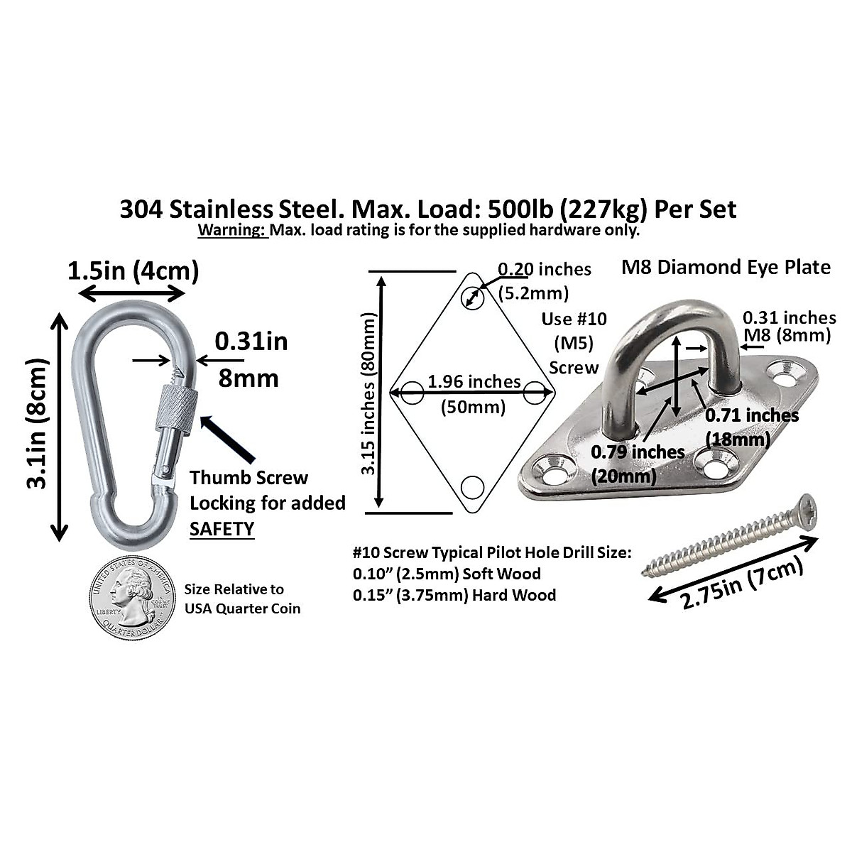 Branded Boards Heavy Duty Black or Silver 1000lb Load Hammock Hanging Kits with Locking Carabiner Snap Hooks, for Trees, Ceilings, Walls, Porches, Posts (Diamond-Plate-Hammock-Kit-Silver)
