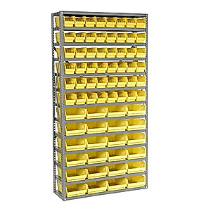 Global Industrial 13 Shelf Steel Shelving with (72) 4" H Plastic Shelf Bins, Yellow, 36x12x72