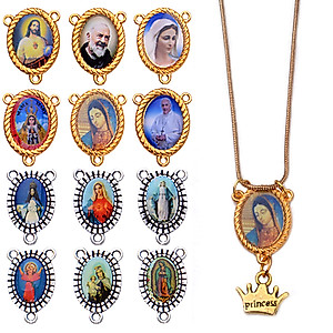 20pcs Mixed Pictures Oval Virgin Mary Miraculous Medal Floral Rosary Centerpiece Alloy Jesus Crucifix Cross Pendants Charms Connectors for DIY Jewelry Making, Gold, Silver