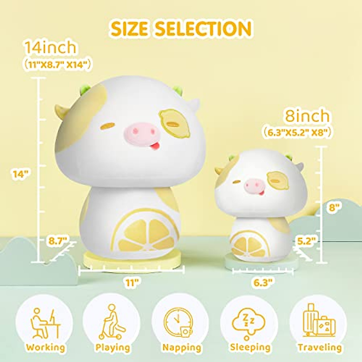 Mewaii 14 Inch Mushroom Plush, Cute Lemon Cow Plush Pillow Soft Plushies Squishy Throw Pillow, Kawaii Lemon Cow Stuffed Animals Kawaii Plush Toys Decoration Gift for Girls Boys