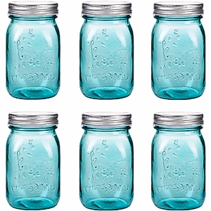 16 oz Teal Mason Jars with Lids，Regular Mouth Canning Jar, 6 Pack Multifunction Glass Container, for Storage, Canning, Pickling, Preserving, Fermenting, DIY Crafts & Decor