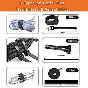 140pcs Cable Management Organizer Kit with Cable Sleeve Split,Self Adhesive Cable Clip Holder and tie, Self-Locking Cable Ties Premium Cord Management Kits for TV Computer Office Home (White)