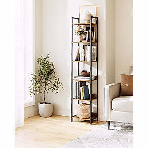 bresurv 6-Tier Bookshelf, Narrow Bookcase with Open Shelves, Talll Book Shelf Coner Shelf for Living Room, Bedroom, Home Office, Study, Bathroom,11.5 x 15.7 x 72.6 Inches, Rustic Brown and Black