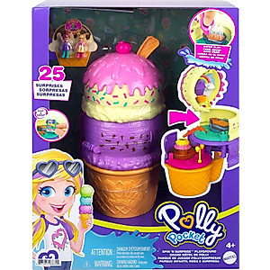 Polly Pocket 2-in-1 Travel Toy Playset, Spin 'N Surprise Ice Cream Cone with Micro Polly & Lila Dolls & 25 Accessories