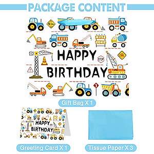 13" Large Happy Birthday Gift Bag for Baby Boy Kids with Tissue Paper and Card (Construction Vehicle)