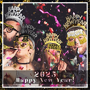 Wavyknot 72 Pcs New Years Eve Party Supplies 2025 Include Happy New Year Eyeglasses Headband Tiara and New Year Party Fringed Noise Makers 2025