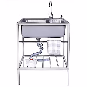 Free Standing Utility Sink for Washing, Stainless Steel Outdoor Station, Single Bowl Commercial Kitchen Sink Farmhouse Simple Laundry Sink With Faucet Undershelf for Bathroom Laundry Room ( Color : Co