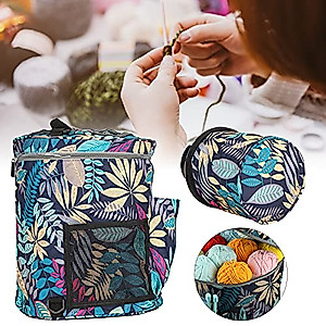 Pssopp 2Pcs Portable Woolen Yarn Storage Bag Knitting Bag, Yarn Storage Round Tote Bag, 600D Oxford Cloth Printing Multi-Pocket Hand Strap(Blue Leave)
