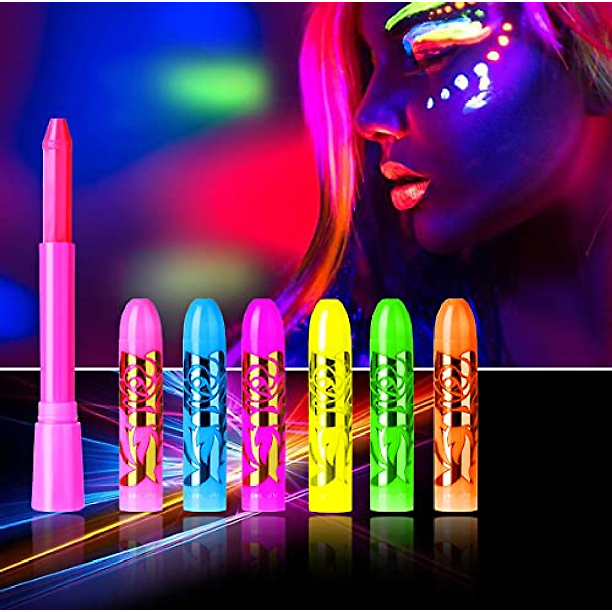 Glow in The Black Light Face Paint Crayons Kit, UV Black Light Makeup Neon Face and Body Paint Sticks Markers for Mardi Gras Halloween Masquerades Makeup