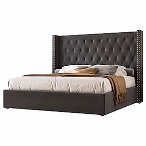 VanAcc Queen Bed Frame Lift Up Storage Bed with Headboard 50" Button Tufted Wingback/Hydraulic Lifting Storage Underneath/Wood Slats/Easy Assembly/Dark Grey