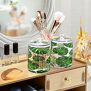 Kigai Tropical Palm Leaves Qtip Holder Dispenser - 14OZ Clear Plastic Apothecary Jars Food Storage Jar with Lids Bathroom Canister Organizer for Coffee, Tea, Candy, Floss (2Pack)