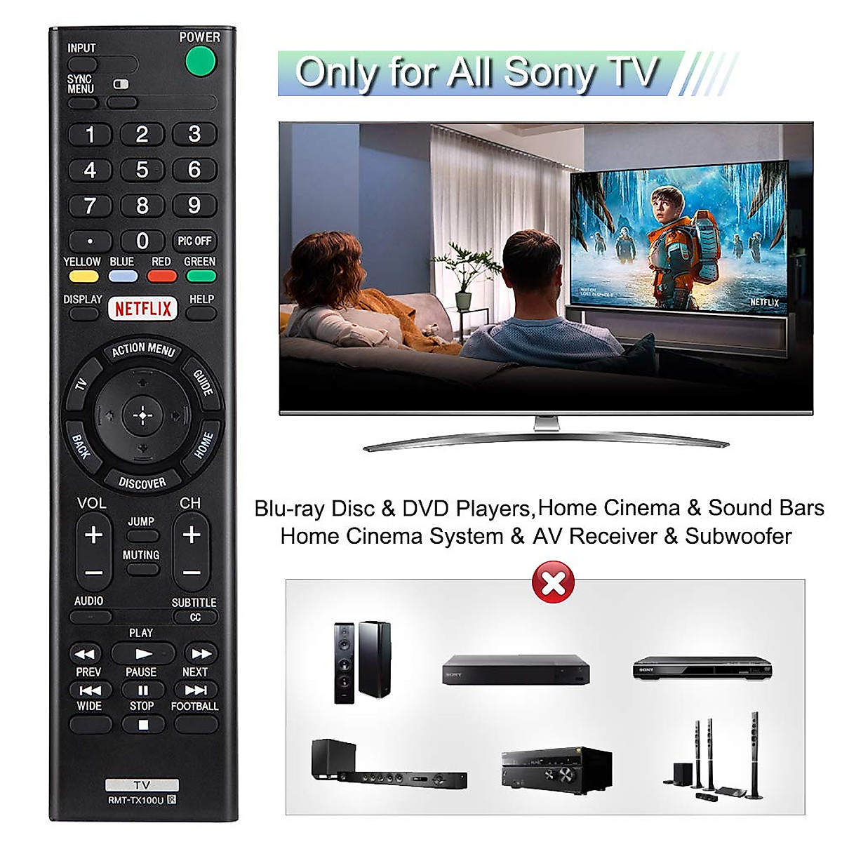 Universal for Sony TV Remote Control Replacement Compatible with Sony Bravia Smart LCD LED HD TVs RMT-TX100U