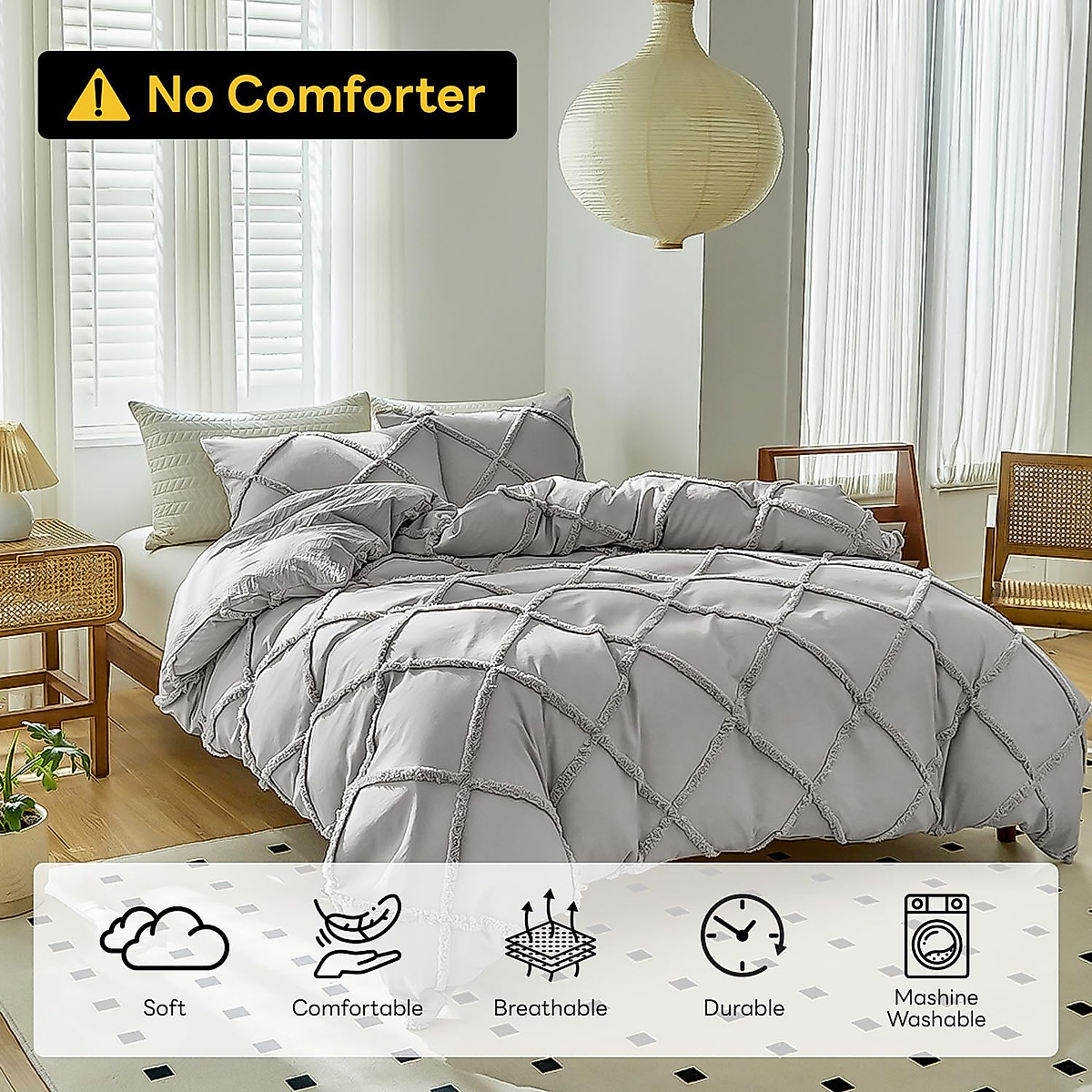 MetersGod Boho Duvet Cover Queen, Gray Tufted Duvet Cover Queen Size for All Seasons, 3 Pieces Soft Shabby Chic Embroidery Boho Bedding Duvet Cover with Zipper (Queen, 90"x 90")