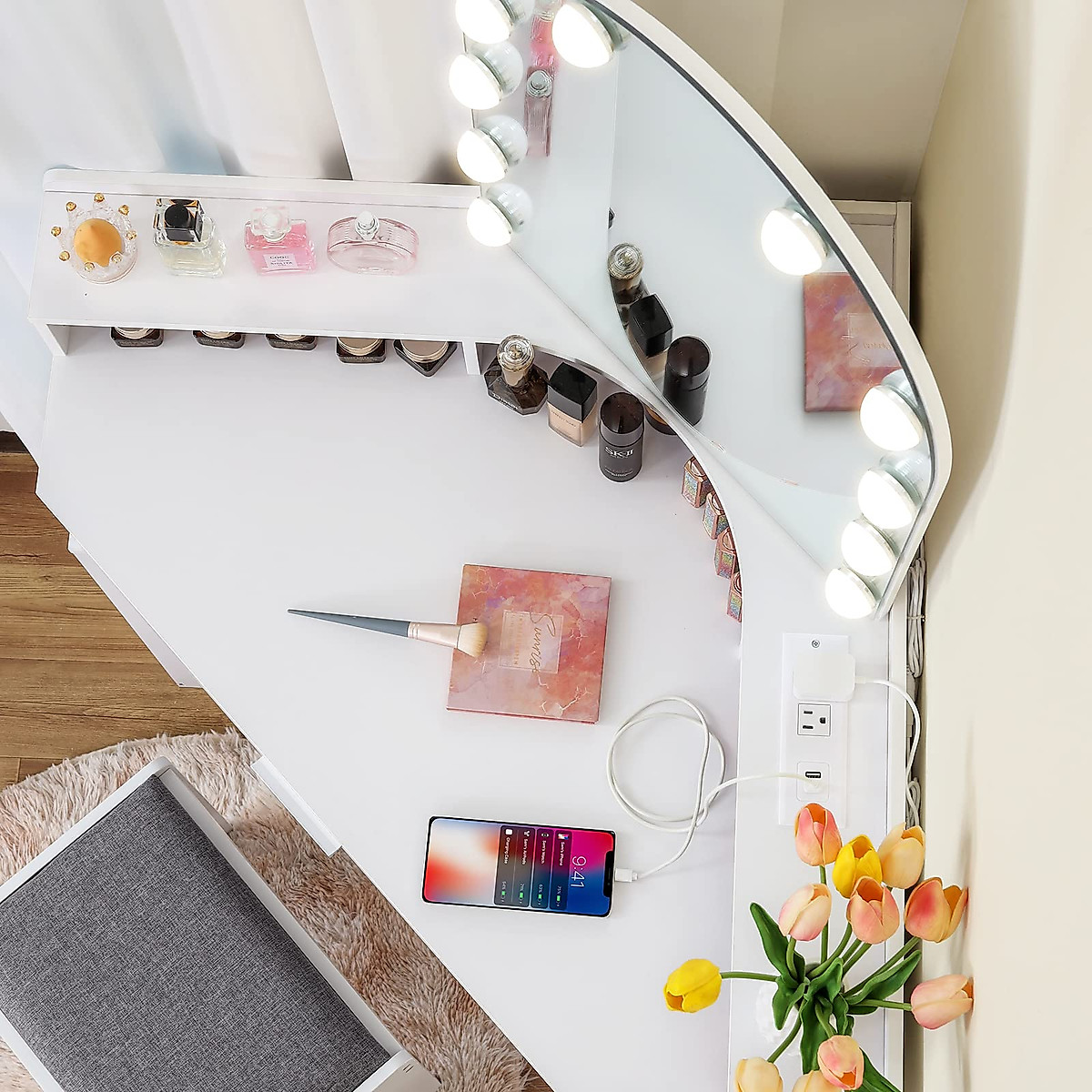 usikey Corner Vanity Desk with Mirror and Lights, Makeup Vanity Table with Charging Station, 3 Drawers & Retractable Side Cabinets, Vanity Desk with Cushioned Stool for Christmas Day, White