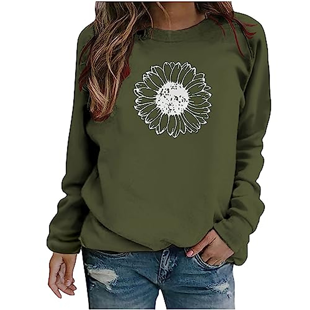LAWOR Womens Short Sleeve Blouses 2023 Fashion Sudaderas cuello redondo y estampado girasoles para mujer suéteres holgados de manga larga para otoño e invierno A1-Army Green Small