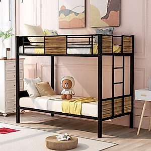 Twin over Twin Metal Bunk Bed, Modern Style Heavy-Duty Steel Frame Bunk Bed with Safety Rail, Built-in Ladder for Bedroom, Dorm, Boys, Girls, Adults (Black + Brown)