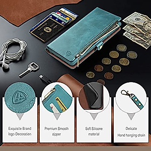 XcaseBar for Samsung Galaxy S22 Ultra Wallet case with Zipper 【RFID Blocking】 Credit Card Holder, Flip Folio Book PU Leather Phone case Shockproof Cover Women Men for Samsung S22Ultra case Blue Green