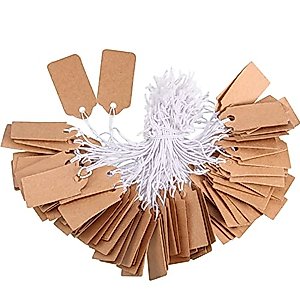 300 Pieces Marking Tags Kraft Price Tags Writable Blank Price Labels Display Tags with Elastic Hanging String(1.38 x 0.71 Inch)