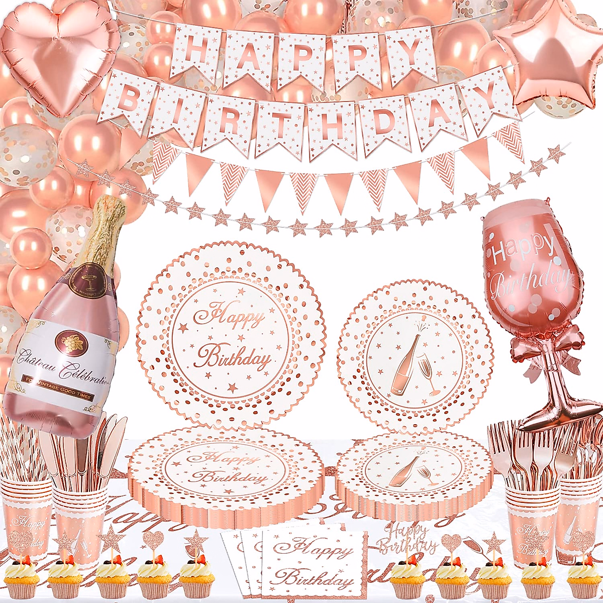 229 Pack Rose Gold & White Party Supplies Rose Gold Birthday Party Decorations Happy Birthday Dinnerware Set Rose Gold Paper Plates, Balloons, Tableclothes, Banner, Garland, Napkin, Cups Serves 20