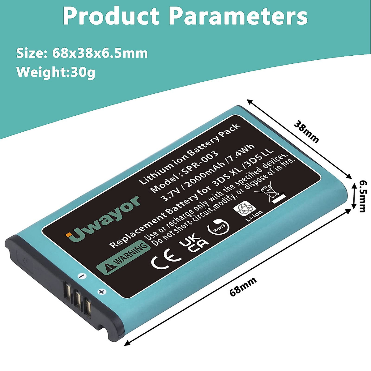 Uwayor 3DS XL Battery, 2000mAh Replacement SPR-003 Battery for Nintendo 3DS XL, New 3DS XL, 3DS LL Console with Tool Kit (Not for New 3DS)
