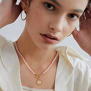 Initial Choker Pearl Necklace for Women, 14K Gold Plated Handmade 4MM Simulated Pearl Necklace Choker Dainty Toggle Clasp M Initial Coin Pendant Pearl Necklace Jewelry Gifts for Women (M)