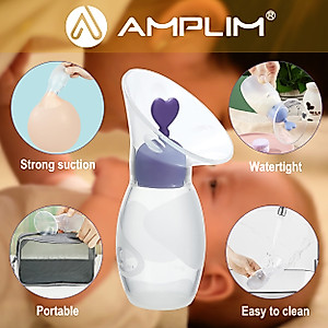 Amplim 2X Food Grade Silicone Breast Pumps 4oz/100ml | Manual Breast Pump Milk Collector with Breastfeeding Milk Saver Stopper | FSA HSA | BPA PVC Lead and Phthalate Free | Blue Purple