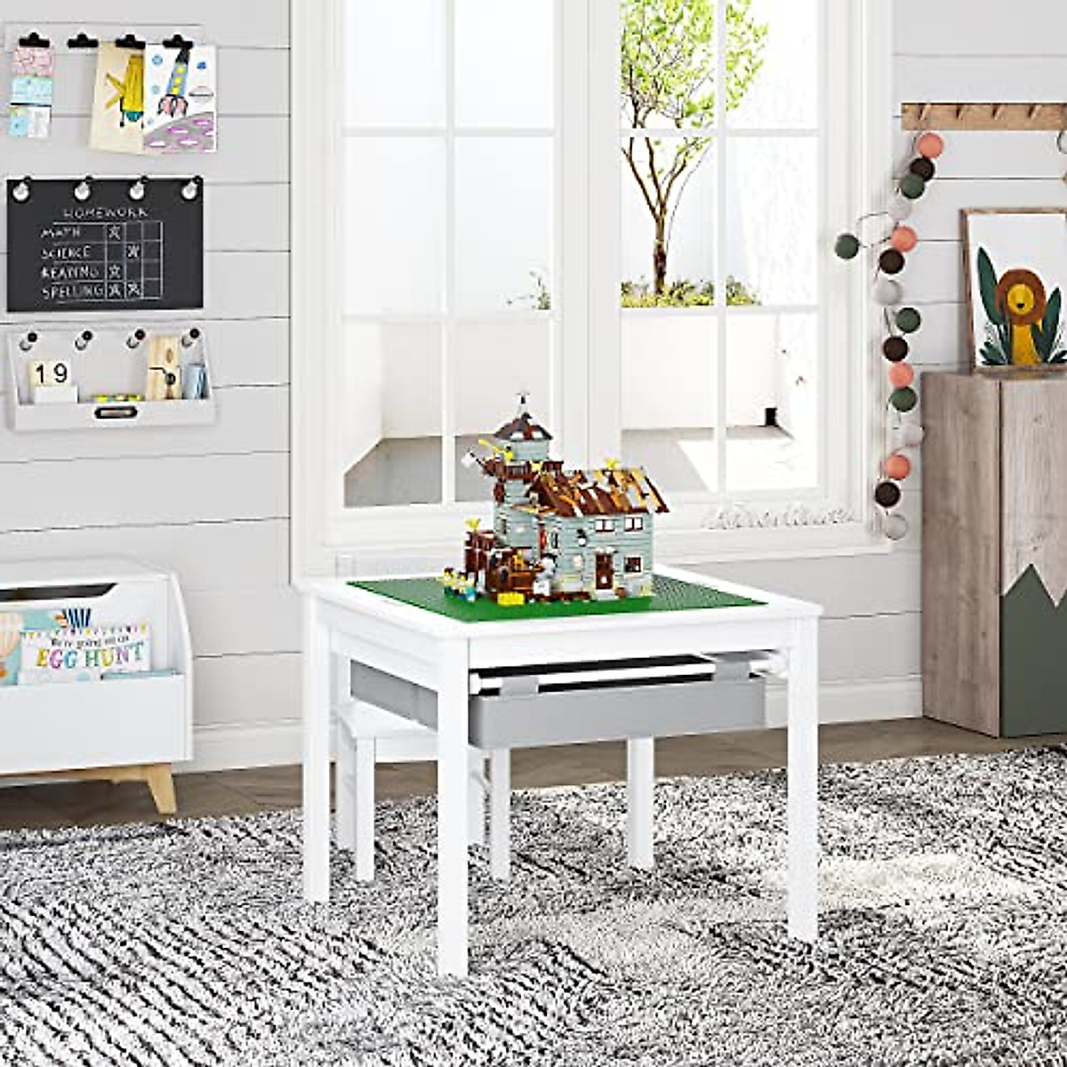 UTEX 2 in 1 Kids Construction Play Table with Storage Drawers and Built in Plate (White)