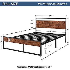Yaheetech Full Metal Platform Bed Frame with Rustic Wooden Headboard and Footboard, Mattress Foundation/No Box Spring Needed/12 Inch Underbed Storage/Slats Support/No Noise/Easy Assembly, Mahogany