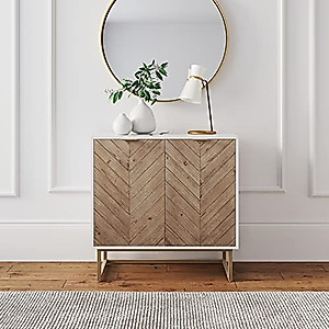 Nathan James Enloe Modern Storage, Free Standing Accent Cabinet with Doors in a Rustic Fir Wood Finish Powder-coated Metal Base for Hallway, Entryway or Living Room, White/Gold