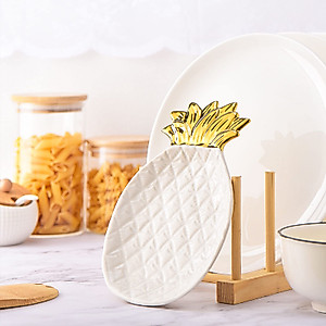 2 Pcs Pineapple Spoon Rest and Spoon Set, Ceramic Spoon Rest for Stove Top, Farmhouse Spoon Rest for Kitchen Counter Spatula Holder Utensil Rest for Ladles Tong Modern Gift Pineapple Kitchen Decor