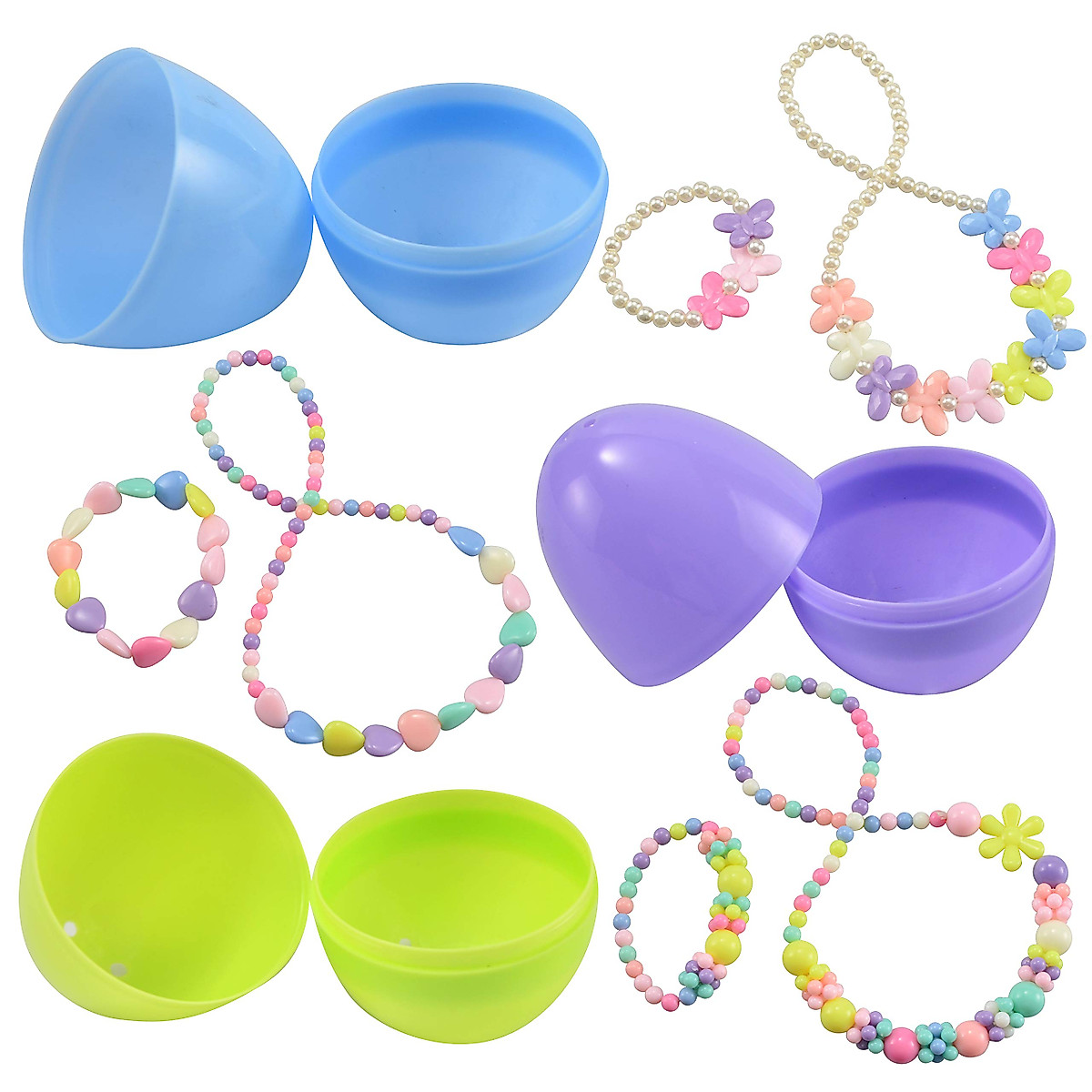 JOYIN 12 Pack Prefilled Easter Eggs with 12 Different Designs of Necklaces and 12 Bracelets Girls Jewelry Set for Girls Easter Party Favor Easter Basket Stuffer Classroom Exchange and Prize Supplies