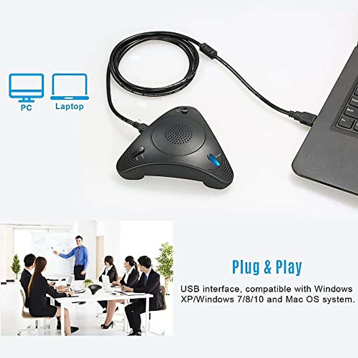 Portable Conference Microphone 360° Voice Pickup, Instant Conferencing Anywhere, Sound-Enhanced, Intelligent Noise Reduction, Compatible with Leading Platforms