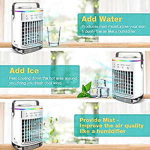 Portable Air Conditioner Fan 4 in1- Desktop Cooling fan with 4 Wind Speed & 2 Spray Modes, 7 Colors LED Light & 2-8H Timer, 700ml Large Watertank High-Efficiency Cooling Fan for Room Office Bedroom Couch Dining Table, Portable USB Power Bank Notebook Powe