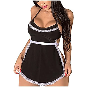 Women's Sexy Lingerie Set Lace Babydoll Chemise Sleepwear See-Through Teddy Bodysuit Nightgown for Sex Naughty Play, Black, X-Large