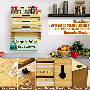Foil and Plastic Wrap Organizer, Paper Towel Holder Wall Mount, 5 in 1 Plastic Wrap Food Dispenser with Cutter for 12" Wax Paper Parchment Roll Aluminum Foil Dispenser for Kitchen Organization Storage