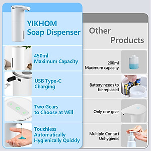 YIKHOM Automatic Liquid Soap Dispenser, 15.37 oz/450mL Soap Dispenser, Touchless Hand Sanitizer Dispenser Electric, Motion Sensor Waterproof Pump for Bathroom Kitchen Dish Soap, USB C Rechargeable