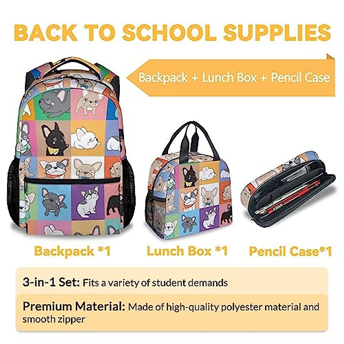 CUSPCOD French Bulldog Backpack with Lunch Box And Pencil Case for Girls Boys, 16 Inch School Bookbag with Adjustable Straps, Travel Bag Durable, Lightweight, Large Capacity