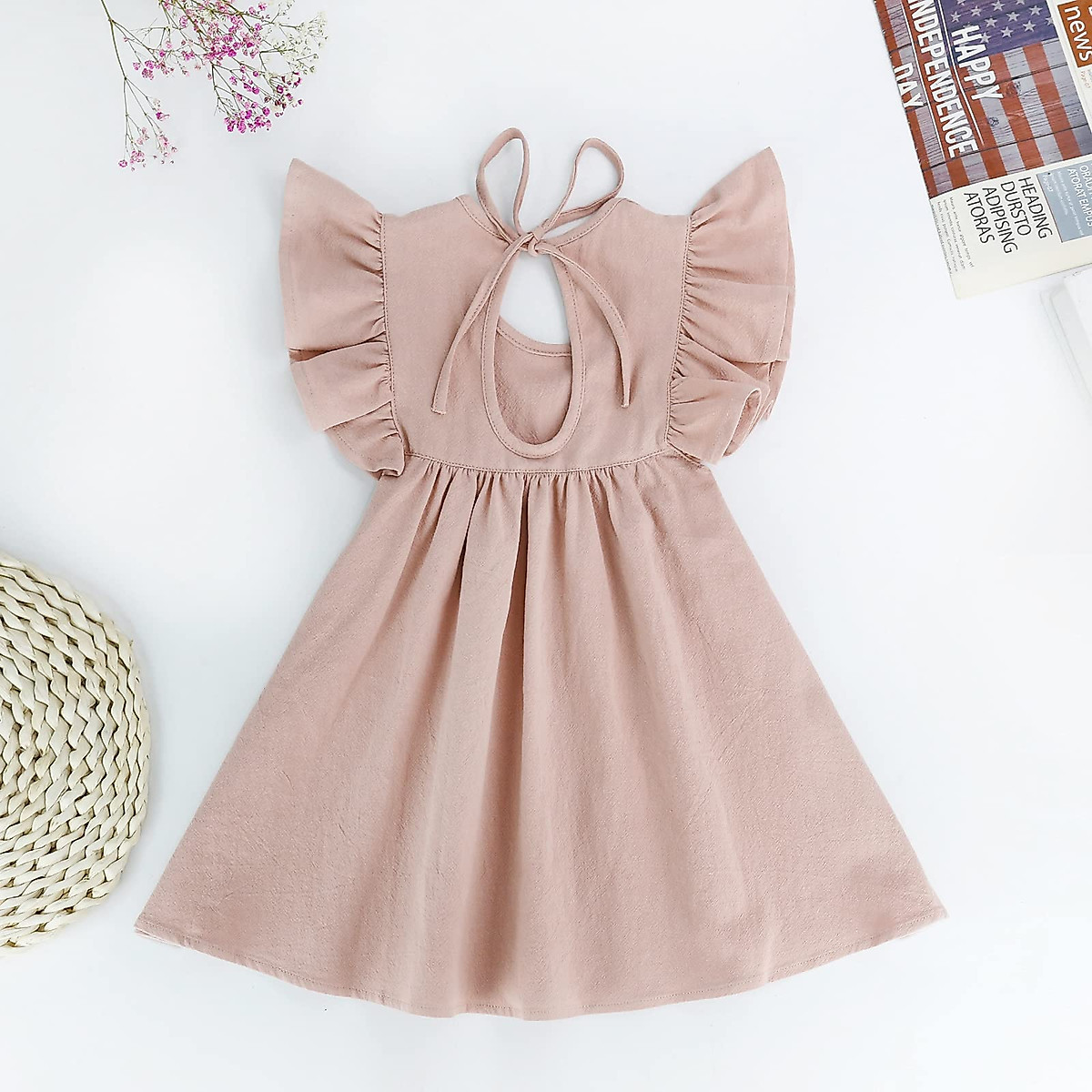Goodplayer Toddler Baby Girl Dress Summer Cotton Linen Ruffle Halter Sleeveless Kids Casual Beach Party Dresses 1-6 Years (Pink, 90, 2_Years),2-3T