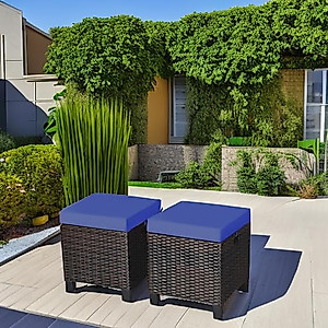 Giantex 2-Piece Rattan Patio Ottoman, All Weather Wicker Ottoman w/Removable Cushion & Steel Frame, Outdoor Footstool Footrest Furniture (Navy Blue)