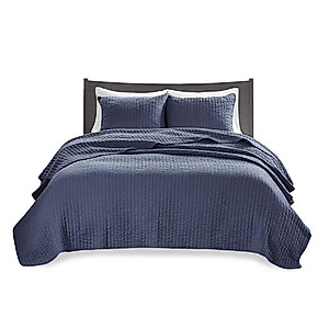 Madison Park Keaton Quilt Set-Casual Channel Stitching Design All Season, Lightweight Coverlet Bedspread Bedding, Shams, King/Cal King(104"x94"), Stripe Navy, 3 Piece