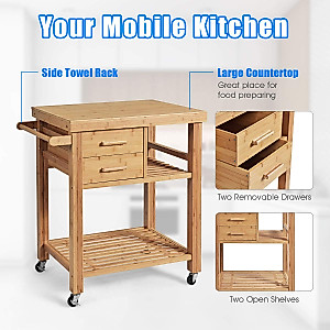 Giantex Kitchen Island, Bamboo Island Cart, Kitchen Trolley Cart on Wheels, Rolling Kitchen Cart, 2 Drawers, Towel Rack, Casters with Lock (Natural)