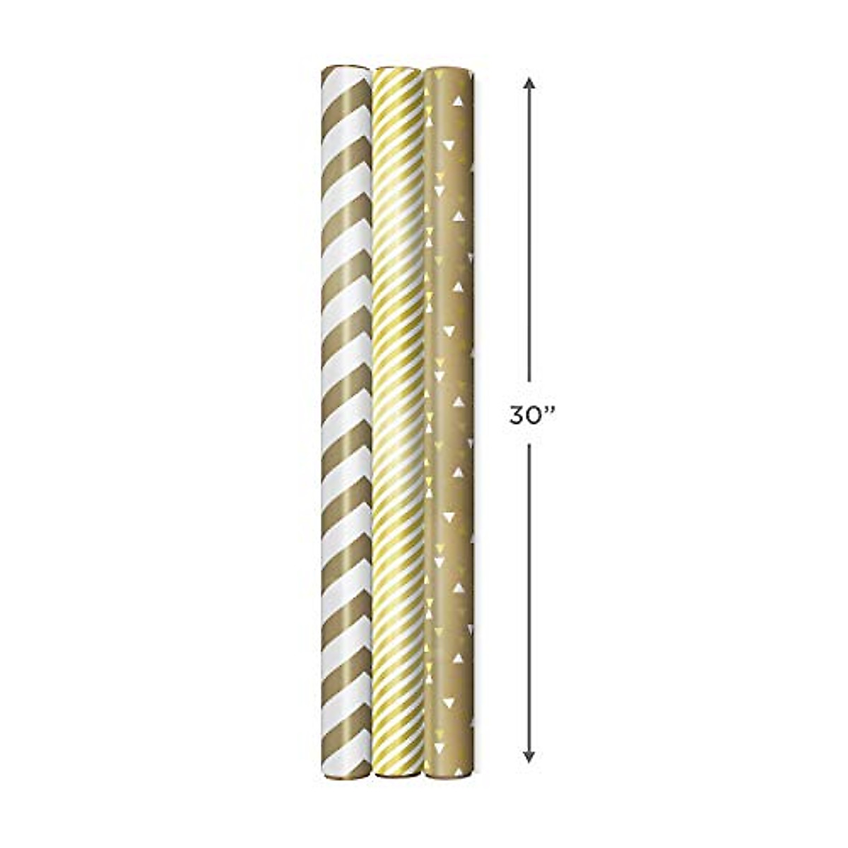 Hallmark All Occasion Reversible Wrapping Paper - Gold & Kraft Stripes, Triangles, Chevron, Polka Dots (3 Rolls: 75 sq. ft. ttl) for Birthdays, Christmas, Hanukkah, Crafts