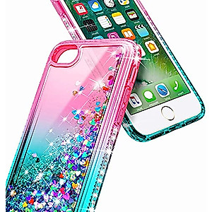 NGB Supremacy Compatible for iPhone 5/5S/iPhone SE (2016 Edition) Case with Tempered Glass Screen Protector, Ring Holder/Wrist Strap, Girls Women Kids Sparkle Glitter Liquid Cute Case (Pink/Aqua)