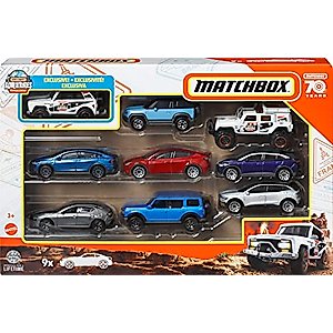 Matchbox Cars, 9-Pack of 1:64 Scale Toy Trucks & Vehicles From the Adventures World Tour Show, 1 Exclusive Vehicle