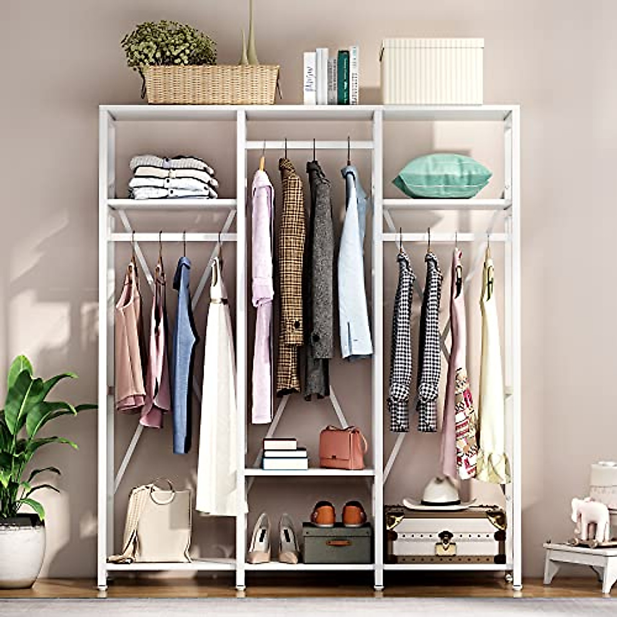 Tribesigns FreeStanding Closet Organizer, Industrial 3 Rod Garment Rack with 4-Tier Storage Shelf, Rustic Wardrobe Rack Clothes Rack for Hanging Clothes and Storage (White)