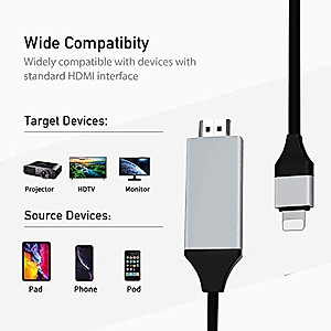 [Apple MFi Certified] Lightning to HDMI Adapter, HDTV Cable Adapter Compatible with iPhone,iPad,iPod 1080P Digital AV Sync Screen Connector on HD TV Monitor Projector-NO Need Power Supply (6.6 Feet)