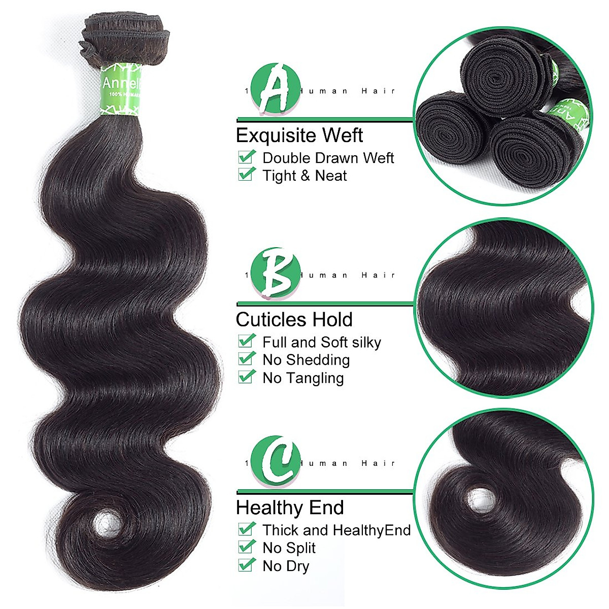 ANNELBEL Brazilian Hair 4 Bundles Body Wave 8A Virgin Unprocessed Human Hair Bundles Remy Human Hair Extensions Weave - Wavy Hair, Double Weft, Natural Black, (10", 50g)/Bundle