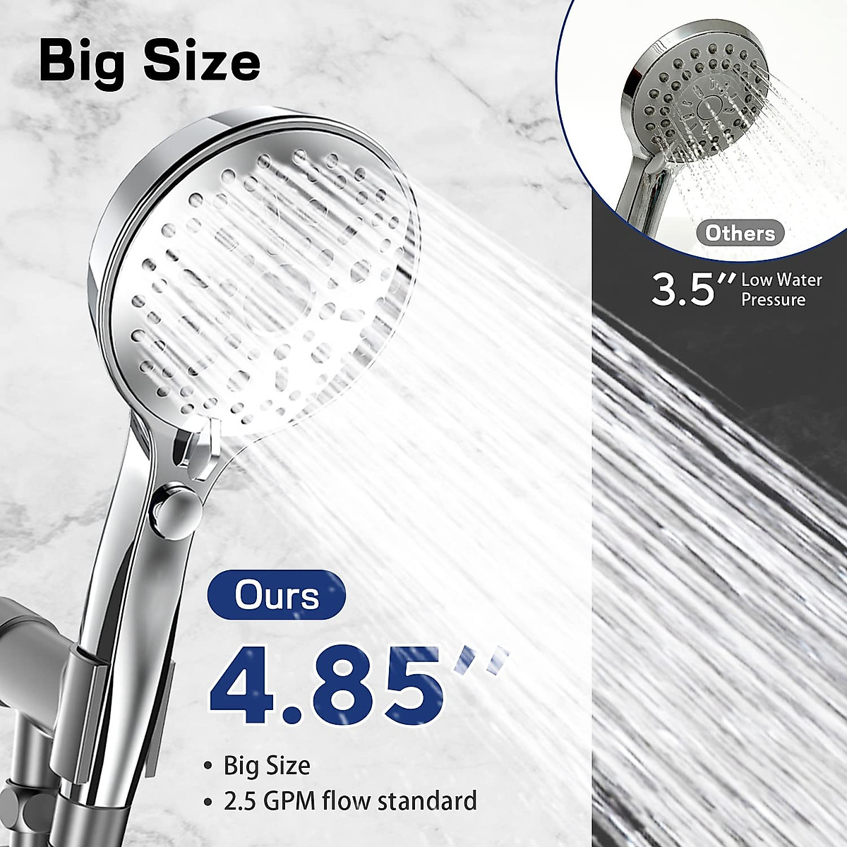 High Pressure Handheld Shower Head 11 Spray Settings, 4.85 inch Pause Switch Water Saving Shower Head, Removable High Flow Bathroom Showerhead with Long Hose and Adjustable Bracket(Chrome)