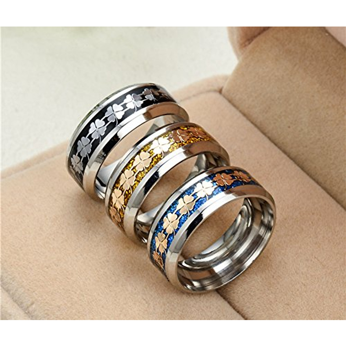 PAMTIER Titanium Steel 8 MM Four Clover Leaf Inlay Pattern Rings for Women Beveled Edges Black Size 9